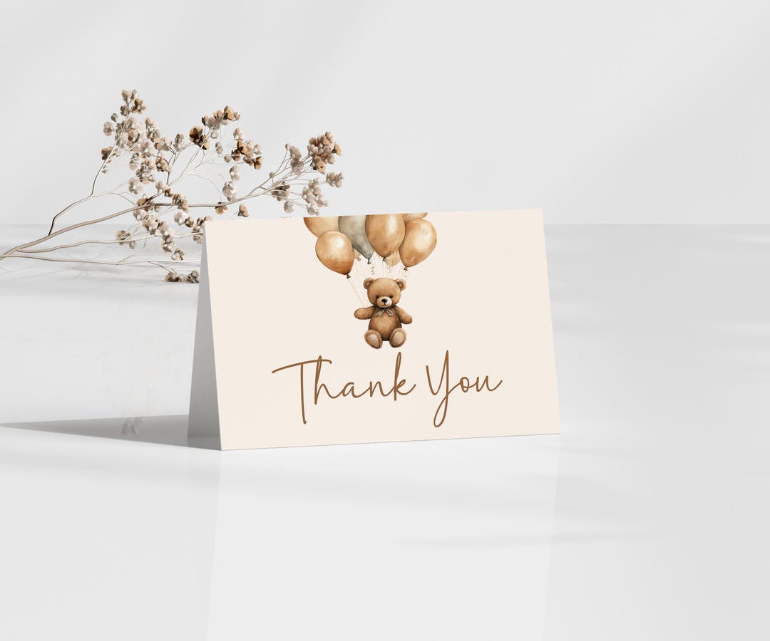 Boho Teddy Bear Thank You Card | Editable Folded Thank You Note | Baby ...