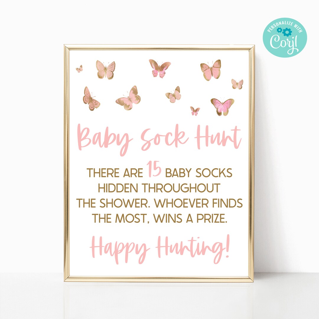 Baby Shower Baby Sock Hunt Sign | Pink Butterfly Themed Baby Sock Hunt ...