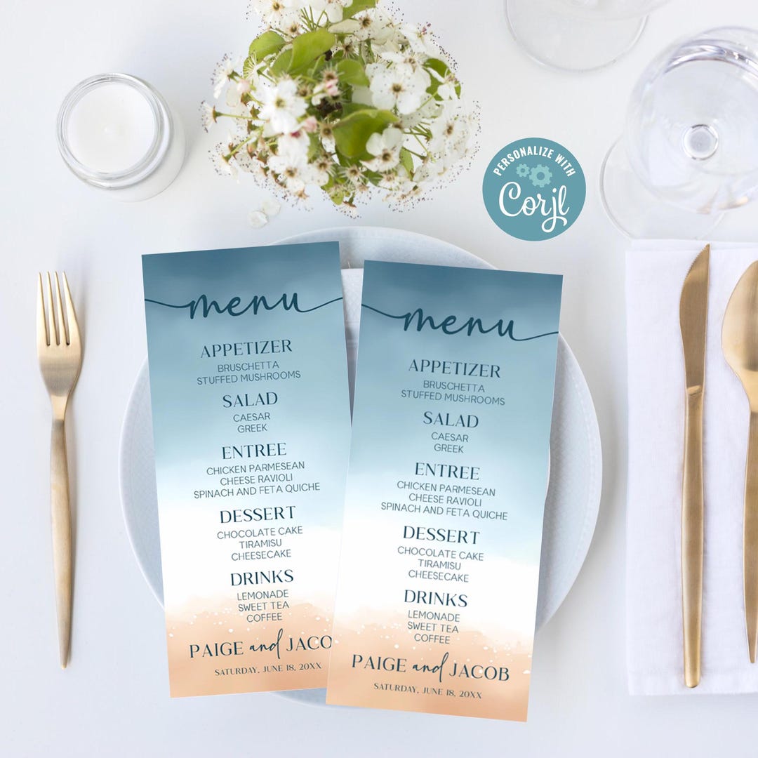 Editable Wedding Menu | Blue Ocean Beach Shore Sand Wedding Reception ...
