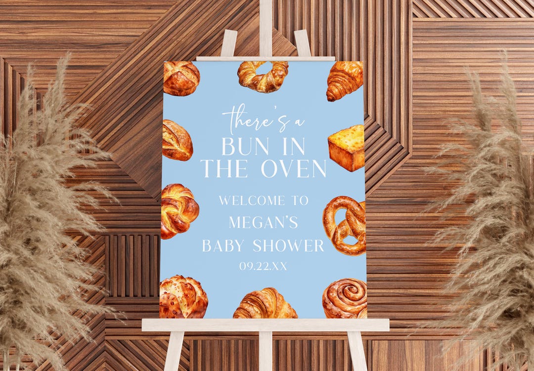 There's A Bun in the Oven! Blue Baby Shower Welcome Sign | Editable ...