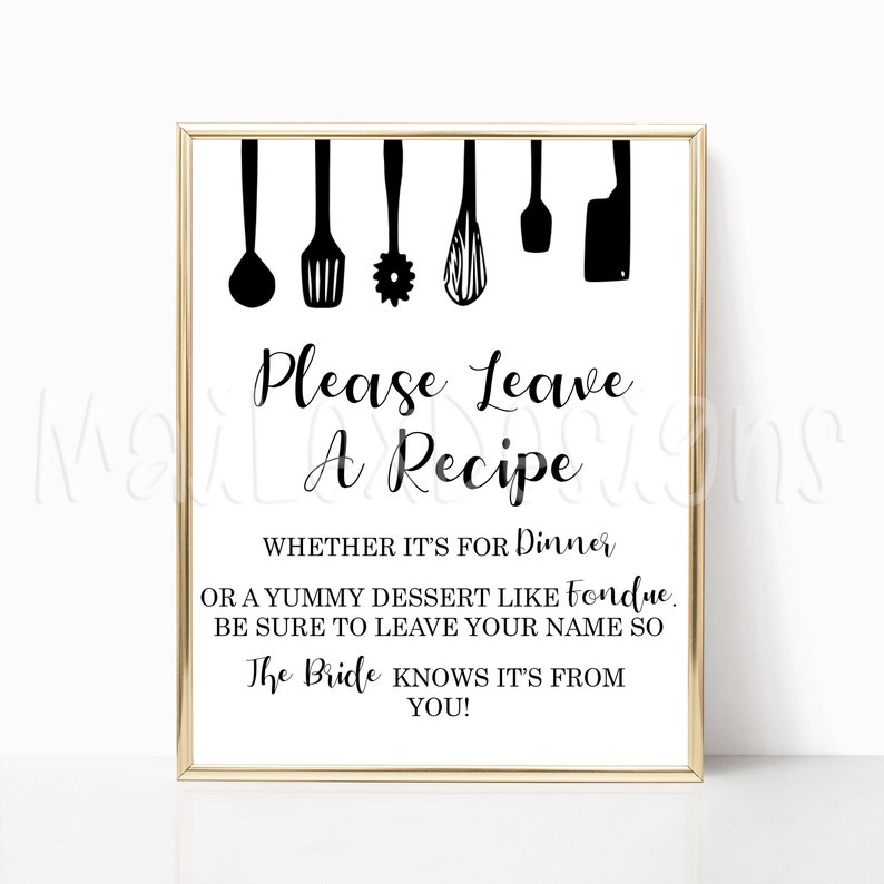 Please Leave a Recipe Sign, Bridal Shower Sign, 8x10 Sign - Etsy
