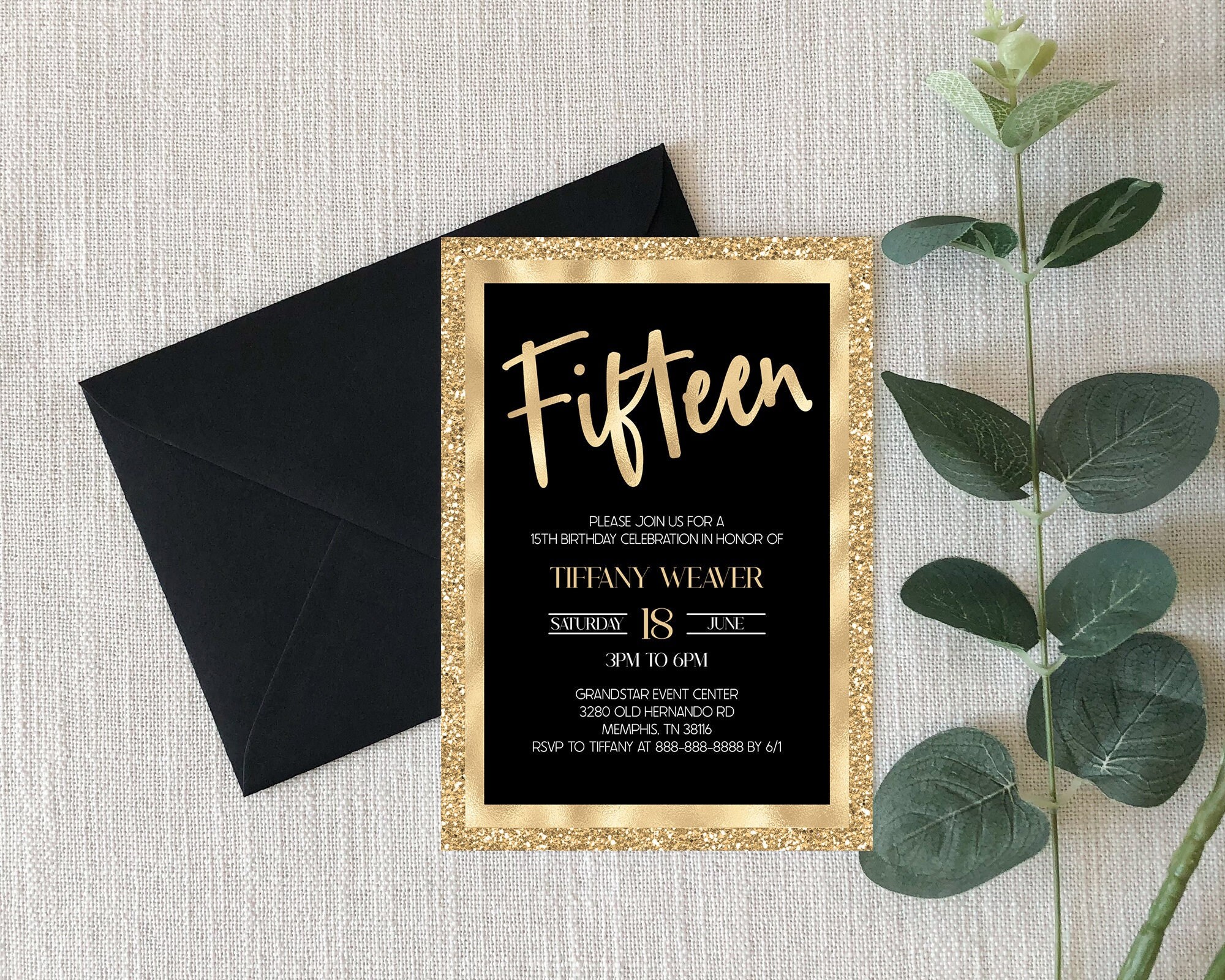 Editable Fifteen 15th Birthday Party Invitation | Gold Glitter and Foil ...