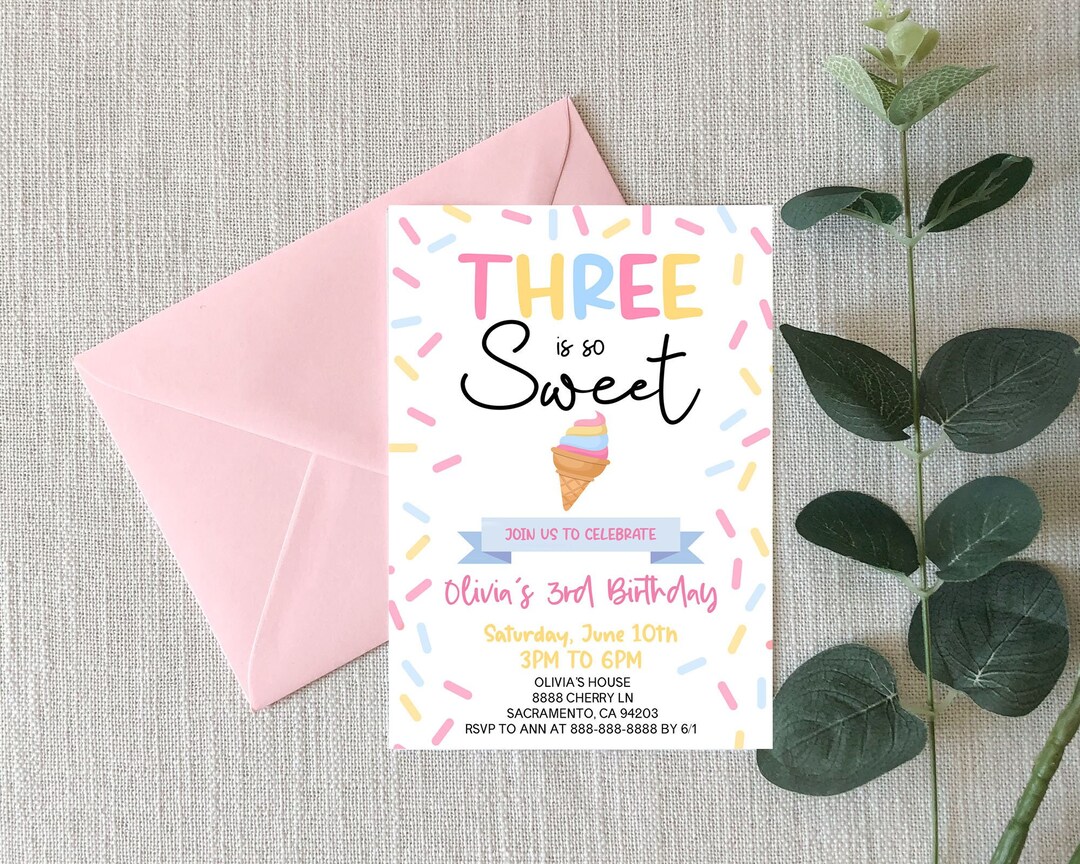 Three is so Sweet Third 3rd Birthday Party Invitation | Editable Ice ...