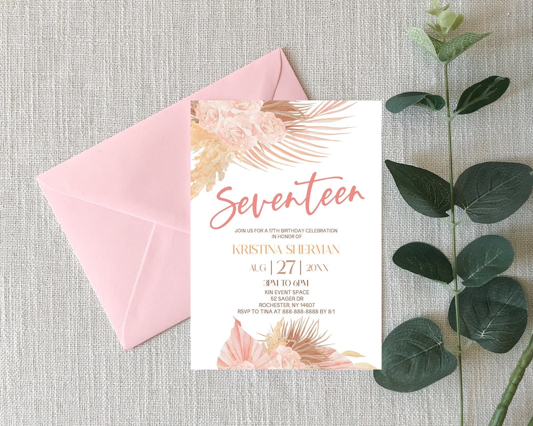 17th "seventeen" Birthday Party Invitation | Boho Soft Pink Floral B ...