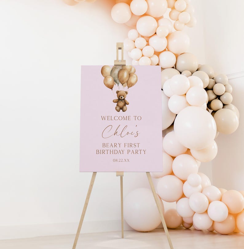 Boho Teddy Bear Beary First Birthday Party Welcome Sign | Editable Pink ...