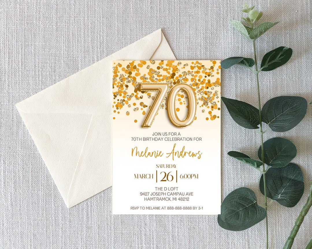 70th Birthday Party Invitation | Editable Birthday Party Invite | Gold ...
