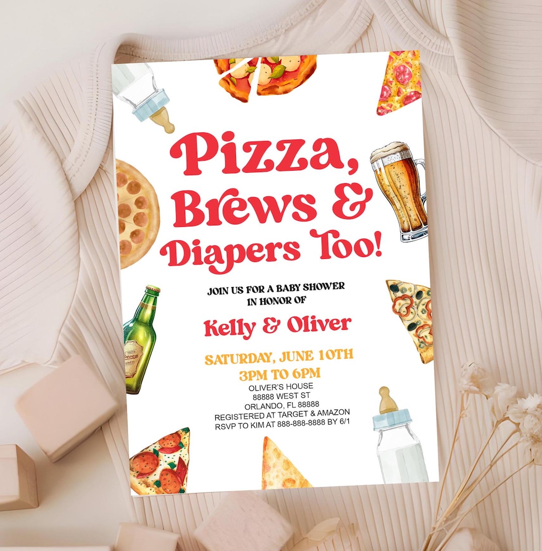 Pizza, Brews, and Diapers Too! Co Ed Baby Shower Invitation | Editable ...