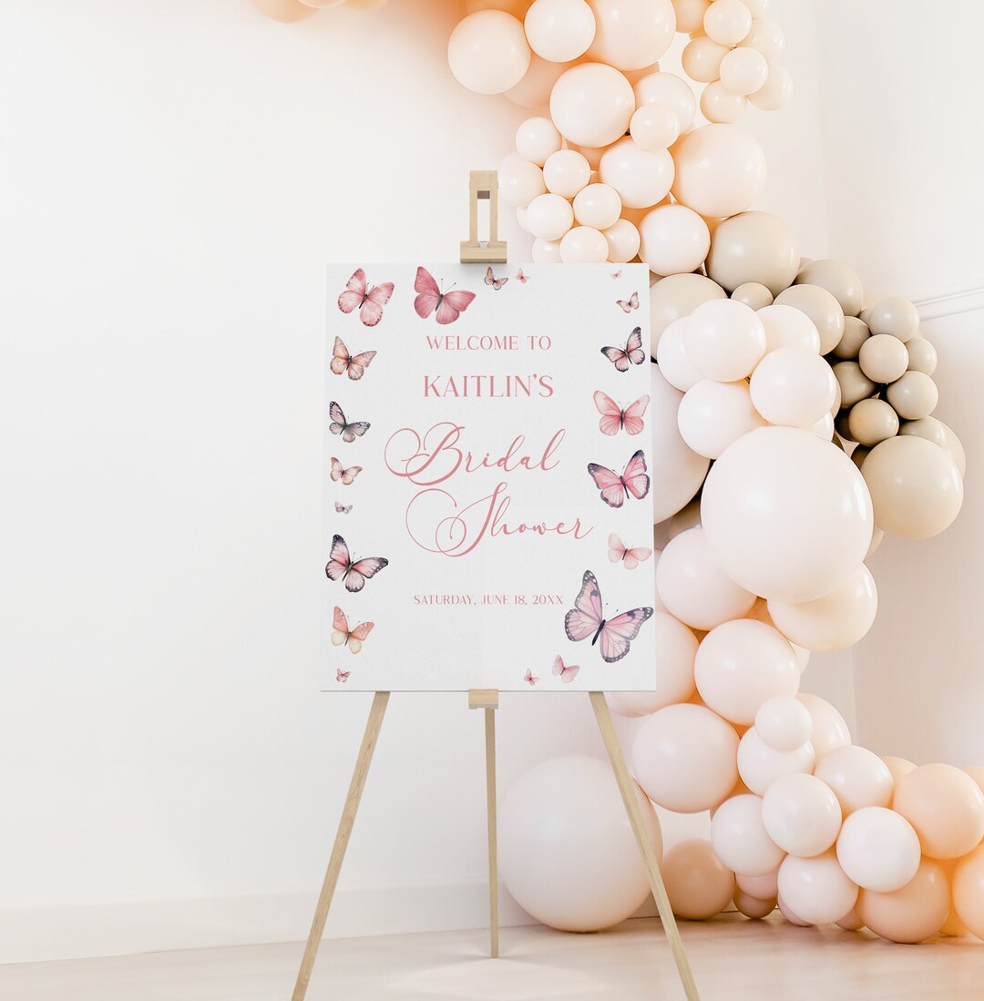 Pink Butterfly Bridal Shower Welcome Sign Editable Butterfly Bridal ...