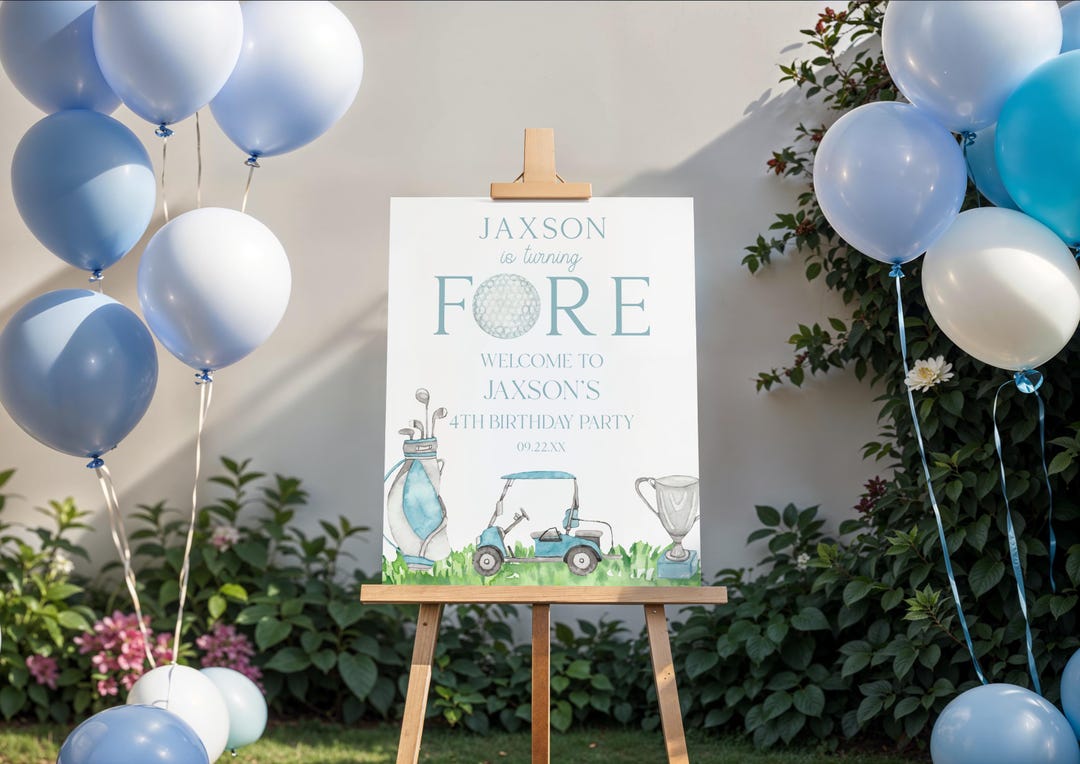 Turning Fore Blue Golf 4th Birthday Party Welcome Sign | Modern Elegant ...