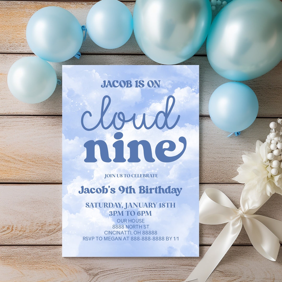 On Cloud Nine 9th Birthday Party Invitation | Editable Blue White ...