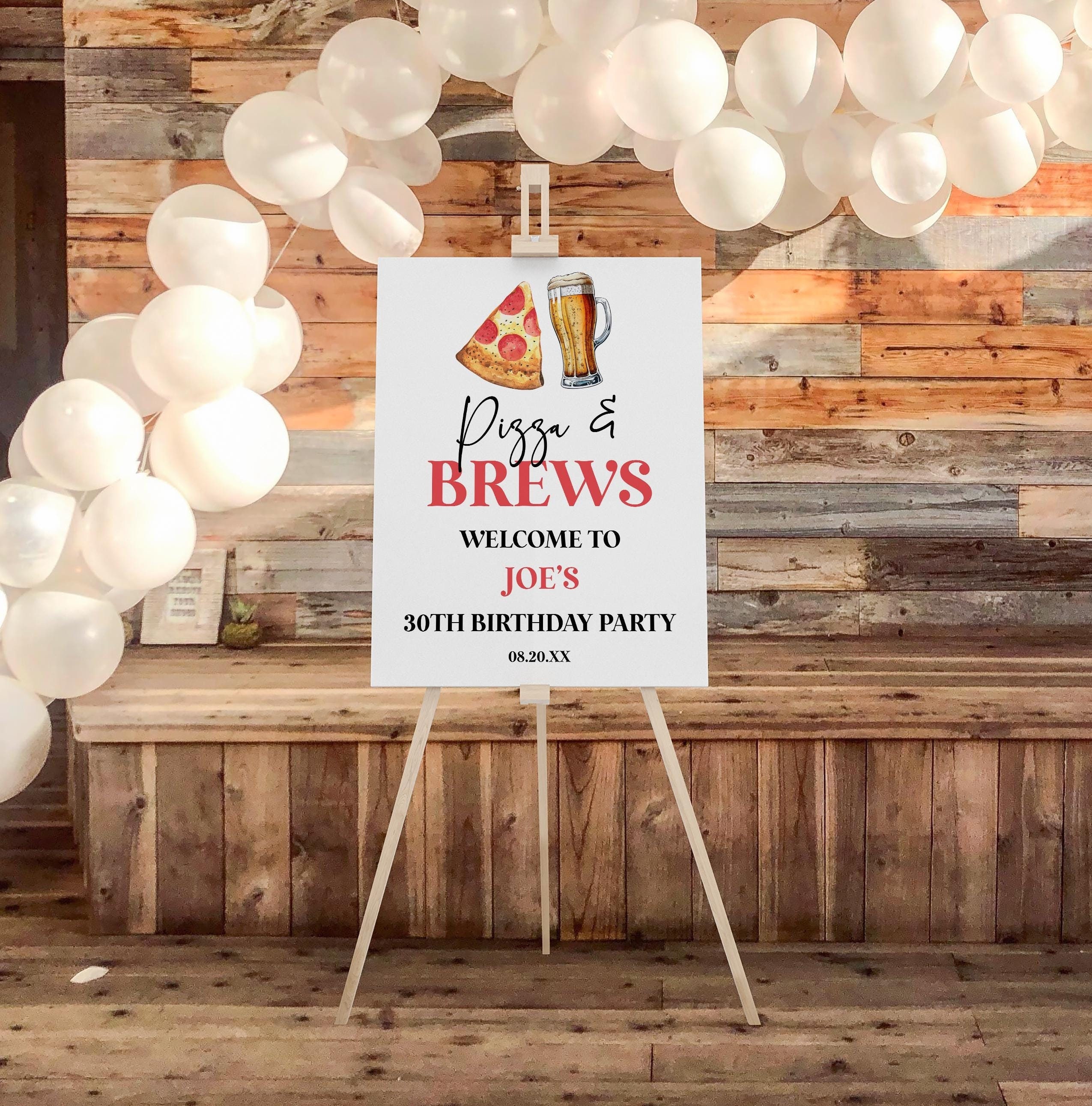 Pizza and Brews Birthday Party Welcome Sign | Editable Pizza Slice Beer ...