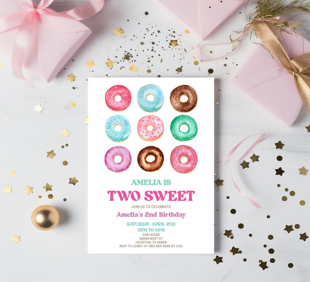 Two Sweet Second 2nd Birthday Party Invitation | Editable Pink Blue ...