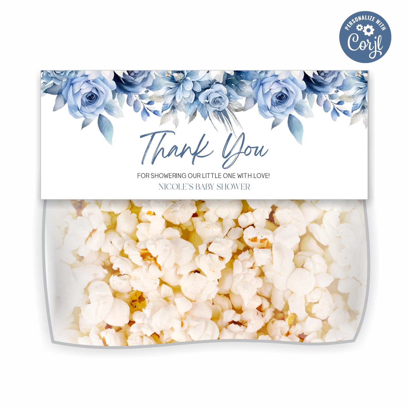 Editable Dusty Blue Floral Flowers Bag Topper | Baby Shower Favor Bag ...