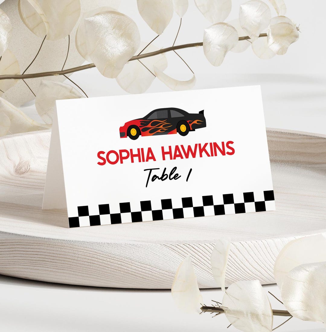 Black Red Flame Race Car Name Place Card | Editable Template | Baby ...