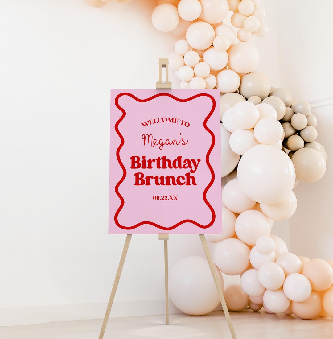 Hand Drawn Wavy Border Birthday Brunch Welcome Sign | Editable Pink Red ...