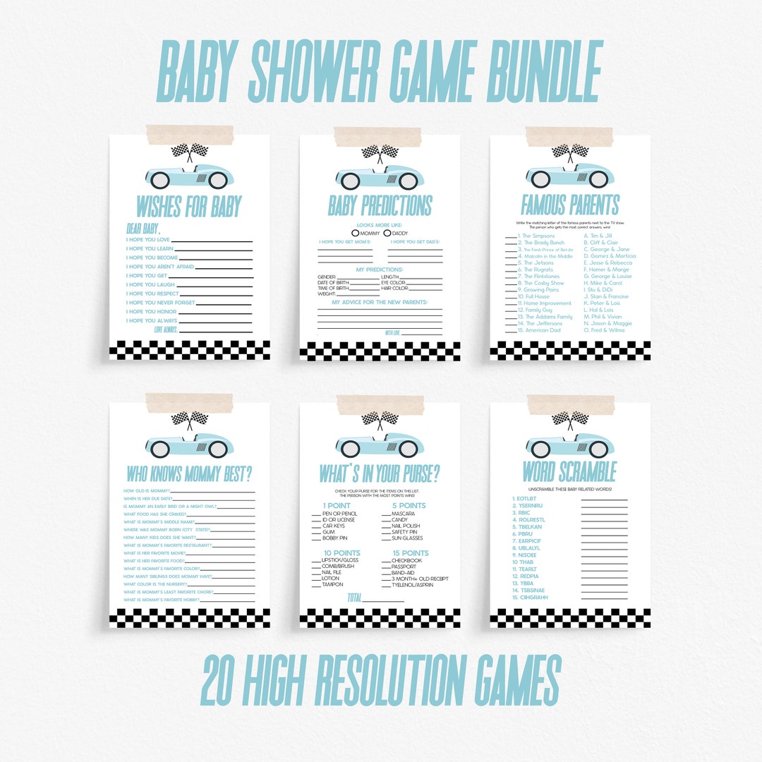 Blue Race Car Baby Shower Game Variety Pack, Printable Activity Bundle ...