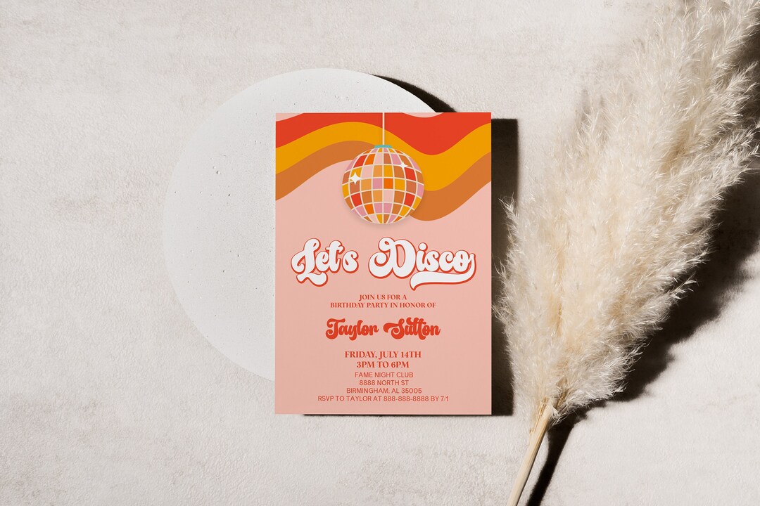 Let's Disco! Red Orange Pink Disco Ball Birthday Party Invitation | B ...