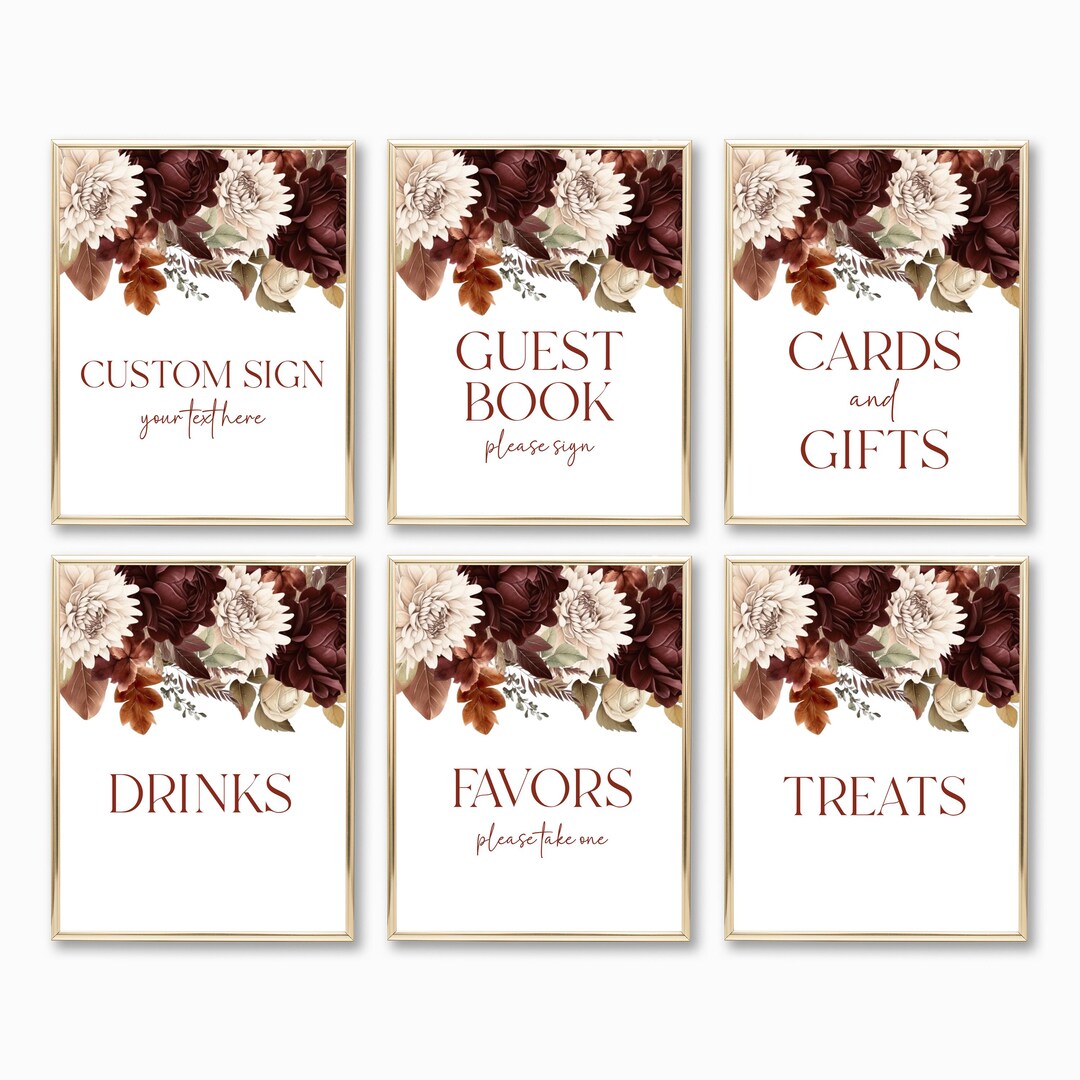 Dark Brown Burgundy Floral Flowers Party Sign Set | 8x10 Birthday Party ...