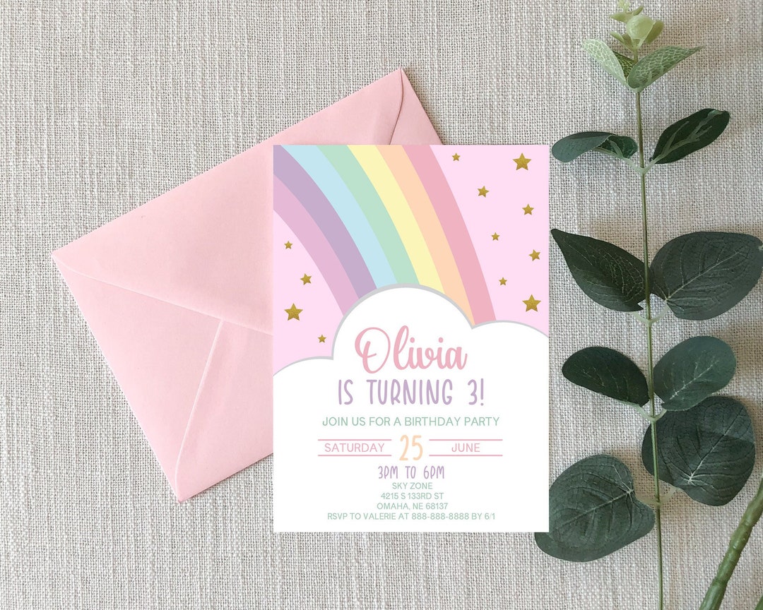 Rainbow and Stars Themed Birthday Party Invitation | Editable B-day ...