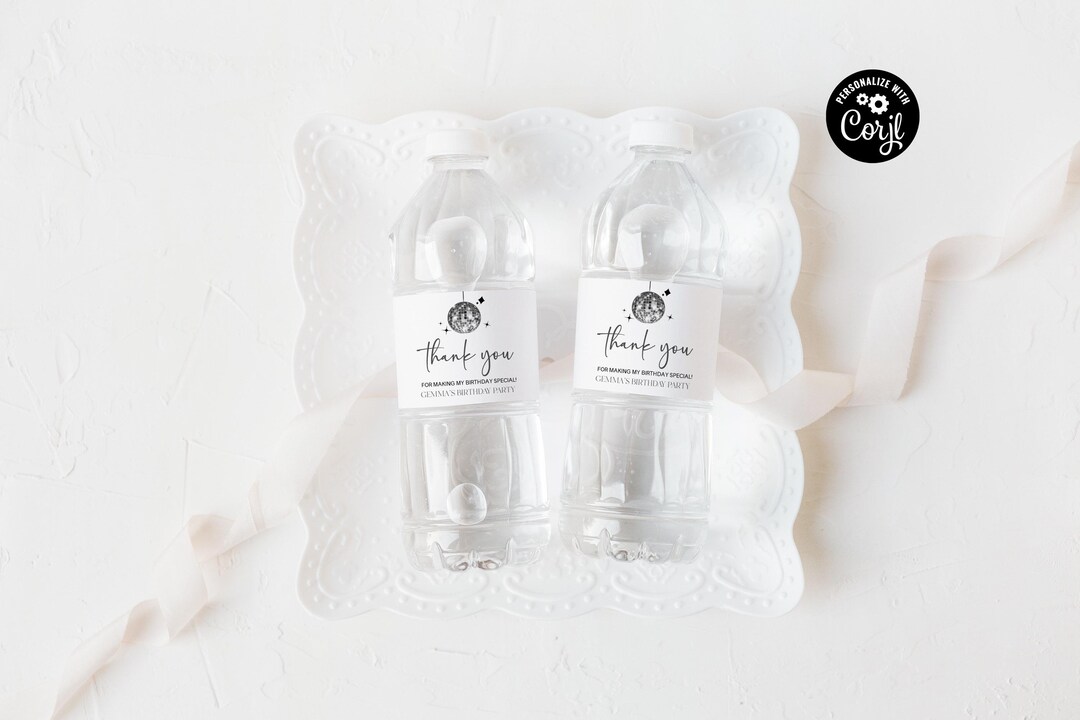 Editable Silver Sparkly Disco Ball Birthday Party Water Bottle Label ...