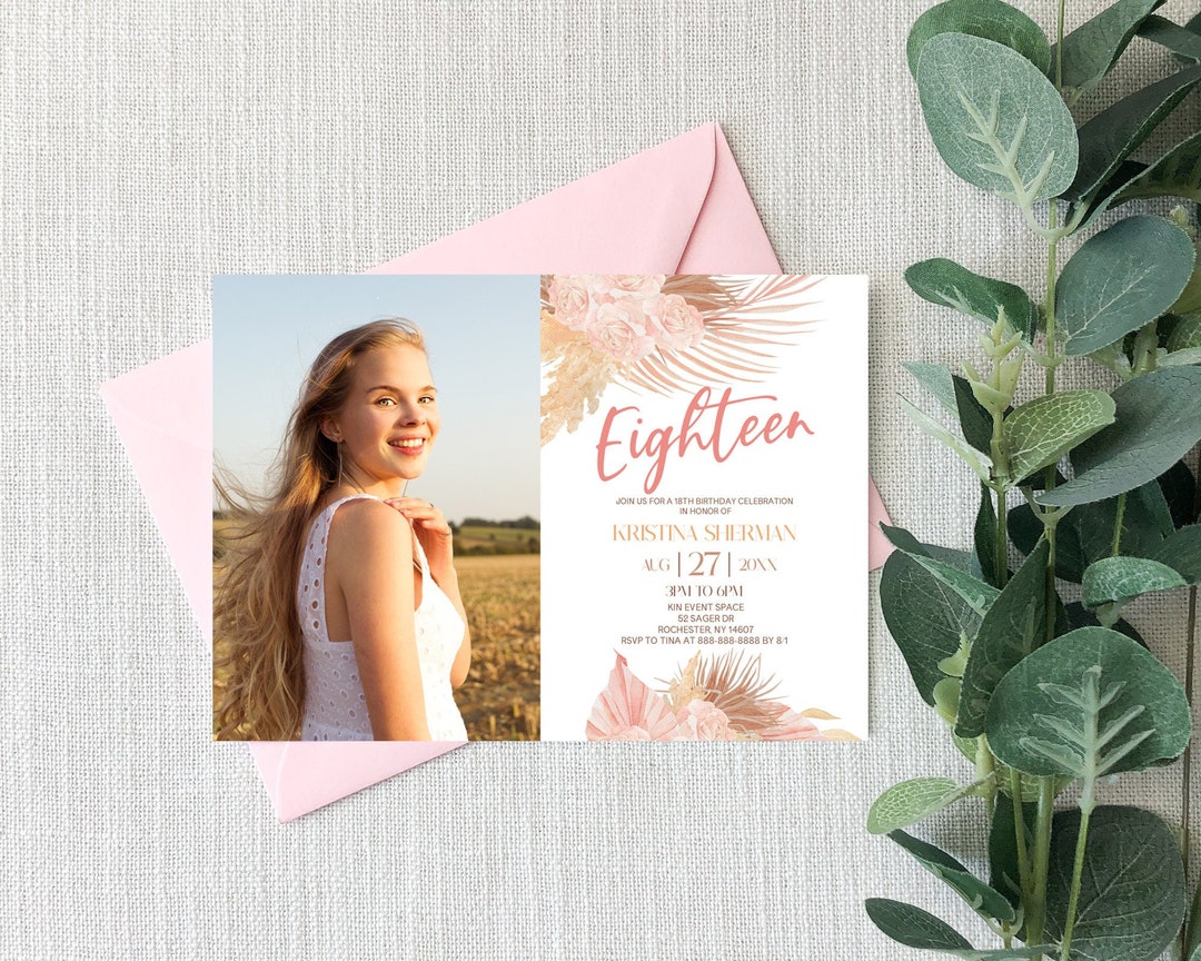 18th "eighteen" Birthday Party Invitation | Boho Soft Pink Floral ...