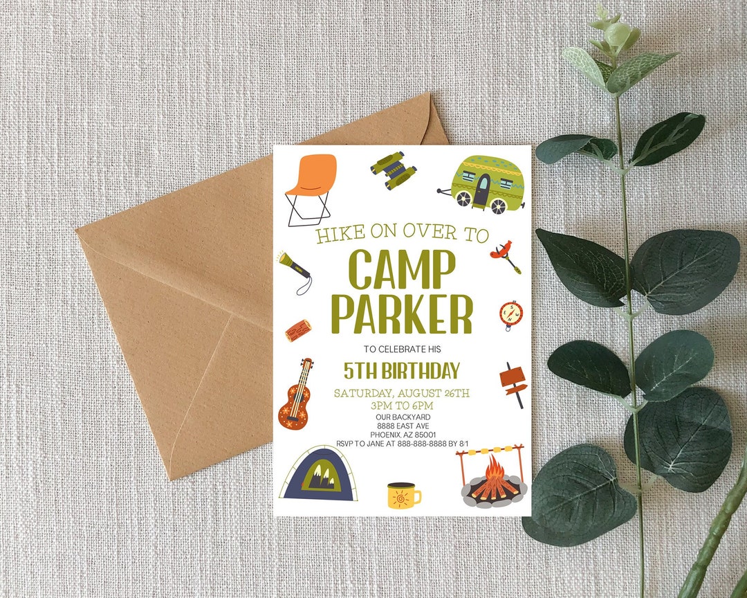 Camp Camping Birthday Party Invitation | Camping Camp Fire Woods ...