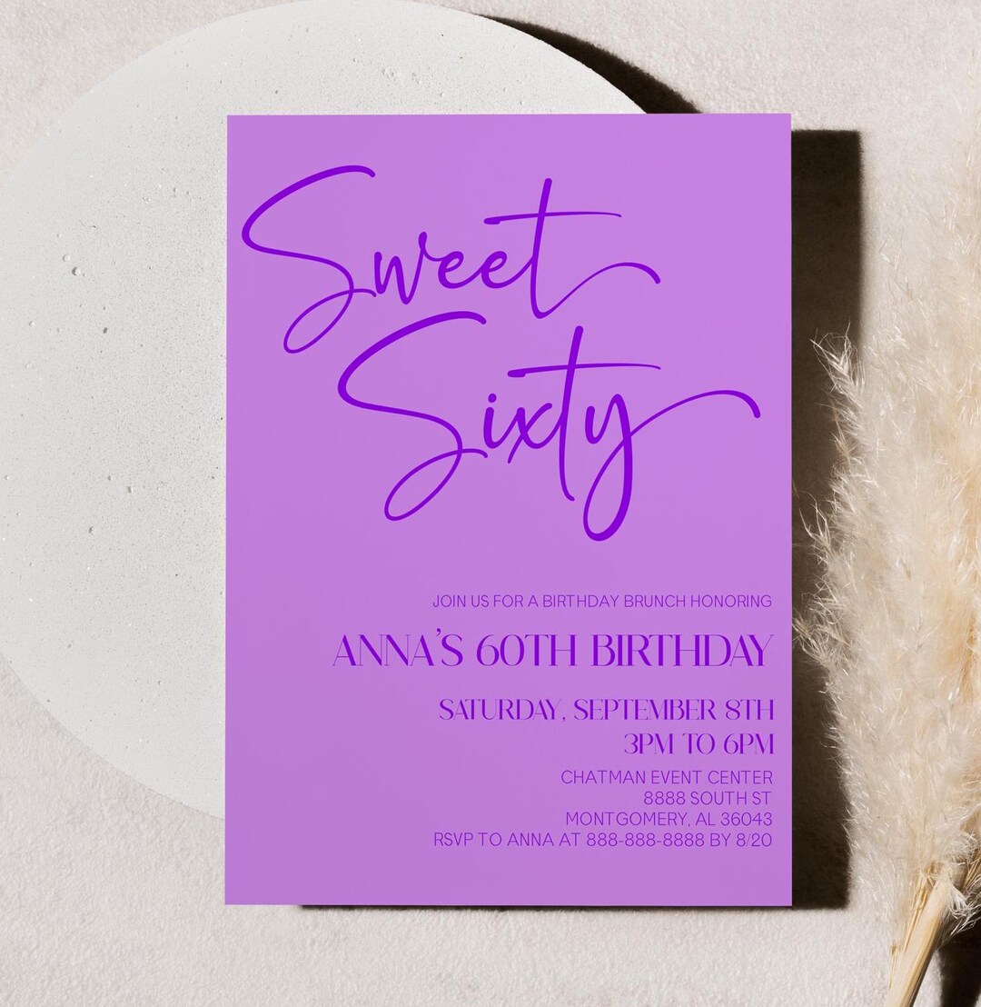 Sweet Sixty 60th Birthday Party Invitation | Editable Purple Birthday ...