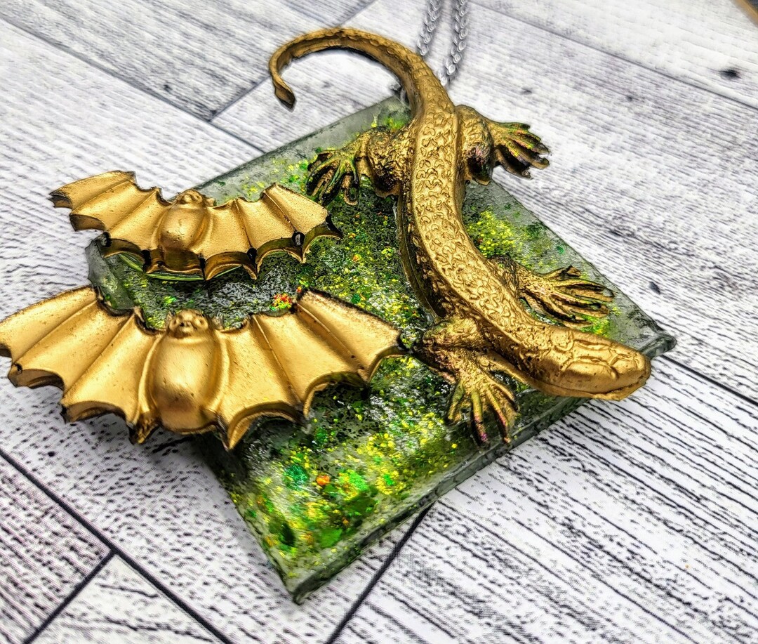 Handmade Resin Bats Lizard Sparkly Glass Tile Necklace - Etsy