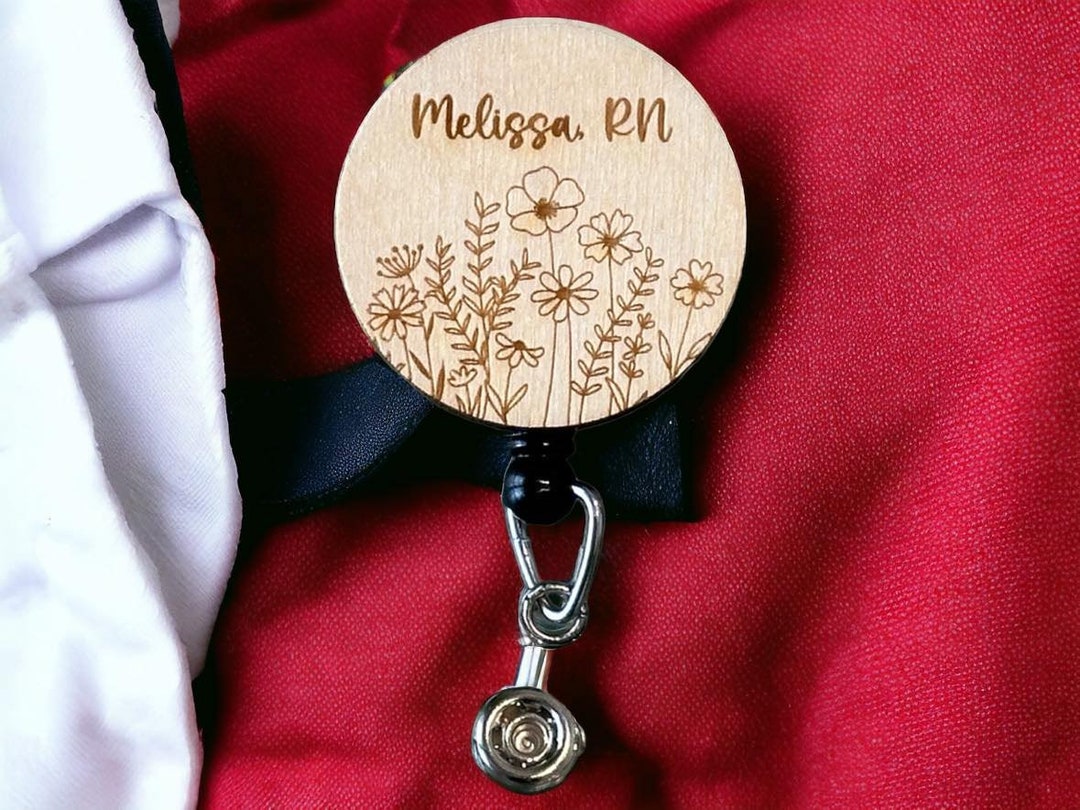 Personalized Wildflower Wood ID Badge Reel, Retractable Badge Holder ...
