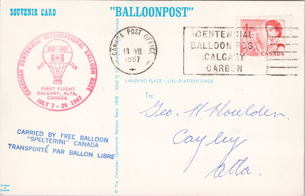 Canadian Centennial Balloon Race 1967 Balloonpost Calgary First Flight ...