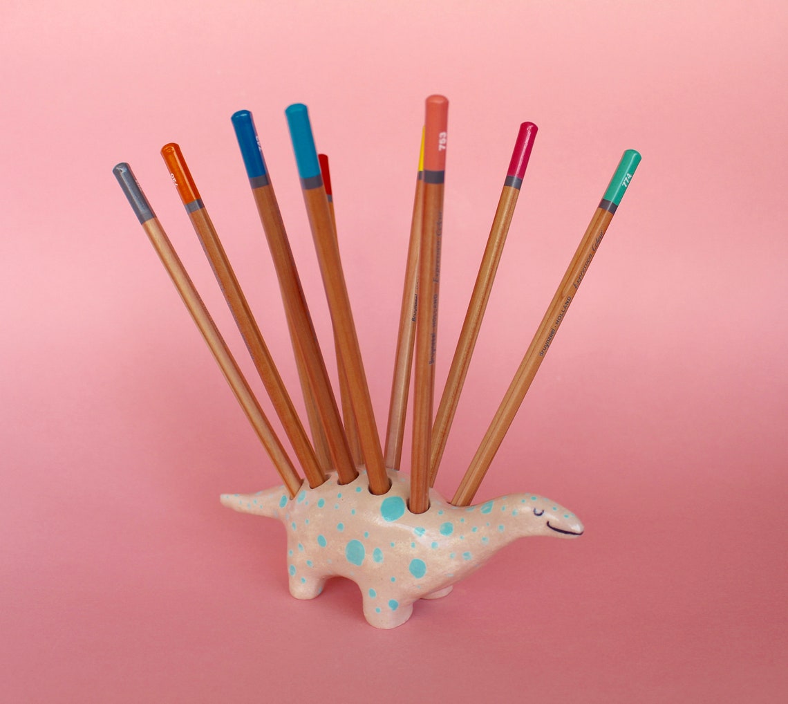 Handmade ceramic dinosaur pencil holder & watercolor brush | Etsy