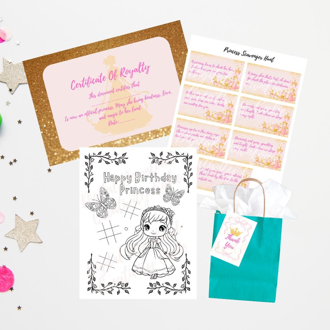 Princess Birthday Party Printable Kit- Royal Certificate, Coloring Page ...