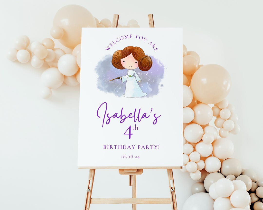 Princess Leia Birthday Welcome Sign, Purple Leia Star Wars Party Sign ...