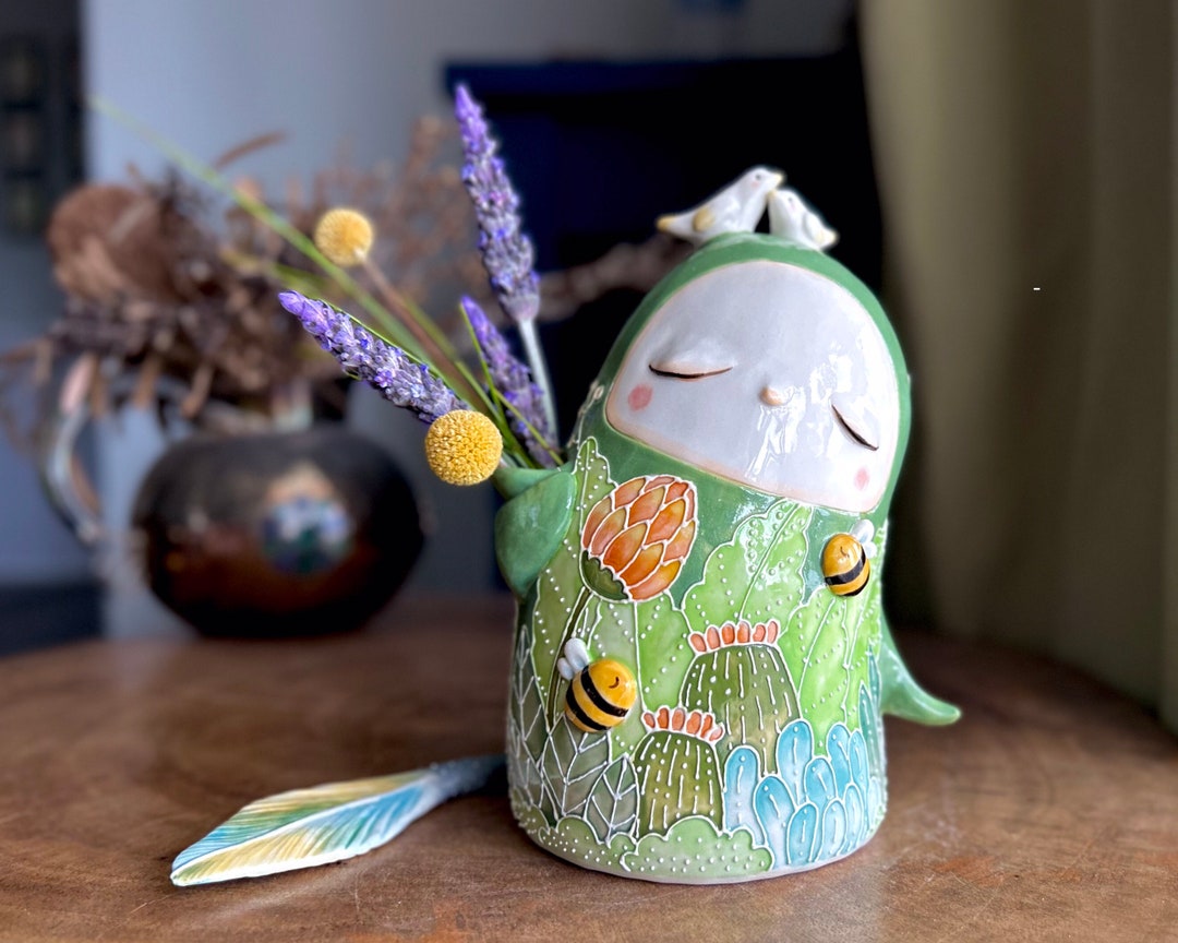 Mountain Monster Vase With A Large Feather/porcelain Vase/unique Gift ...