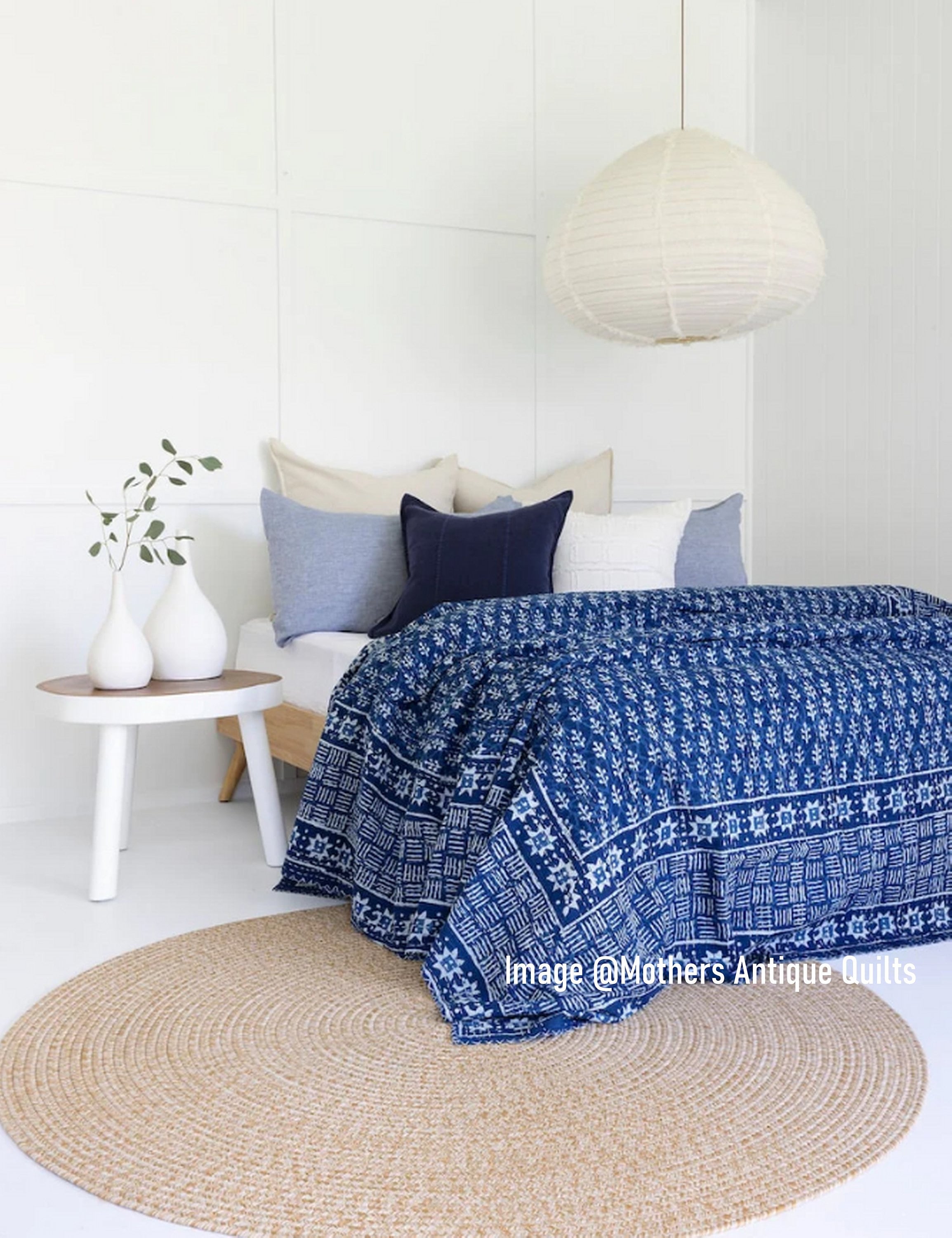 Indigo Kantha Quilt, Blue & White, Handmade Bedspread, Hand Block ...