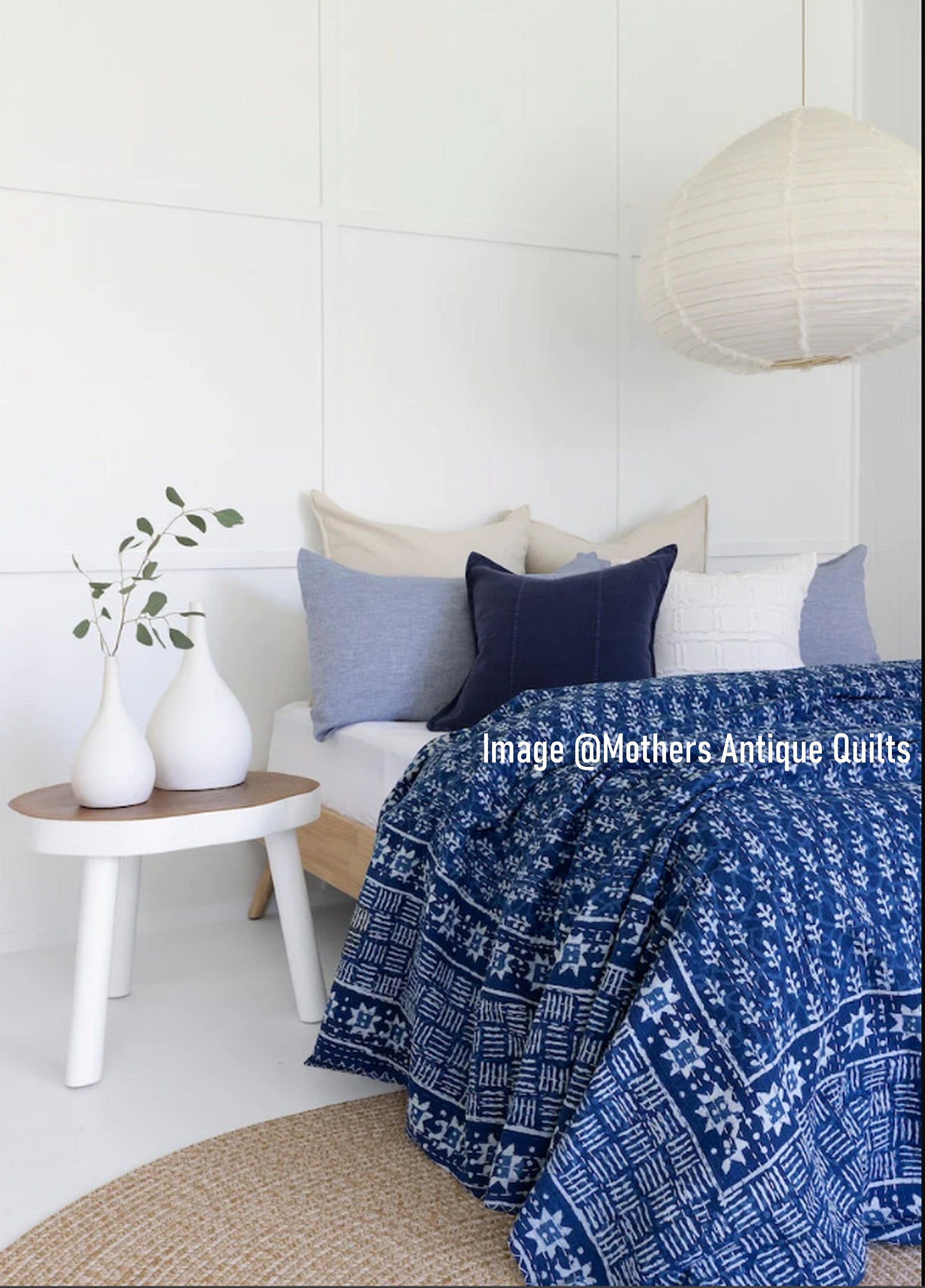 Indigo Kantha Quilt, Blue & White, Handmade Bedspread, Hand Block ...