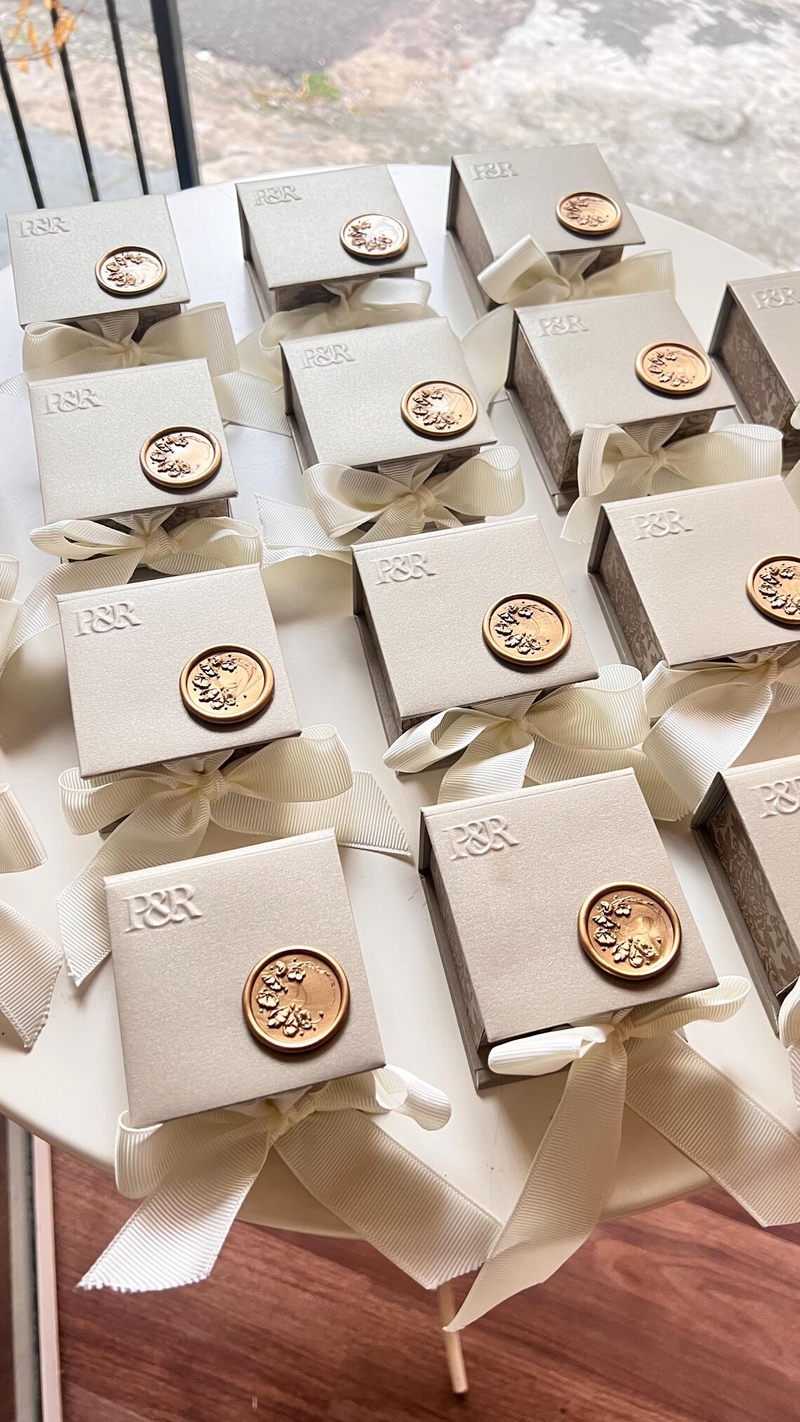 Custom Wedding Favor Box: Personalized Ribbon, Foil Print Gold Greenish ...