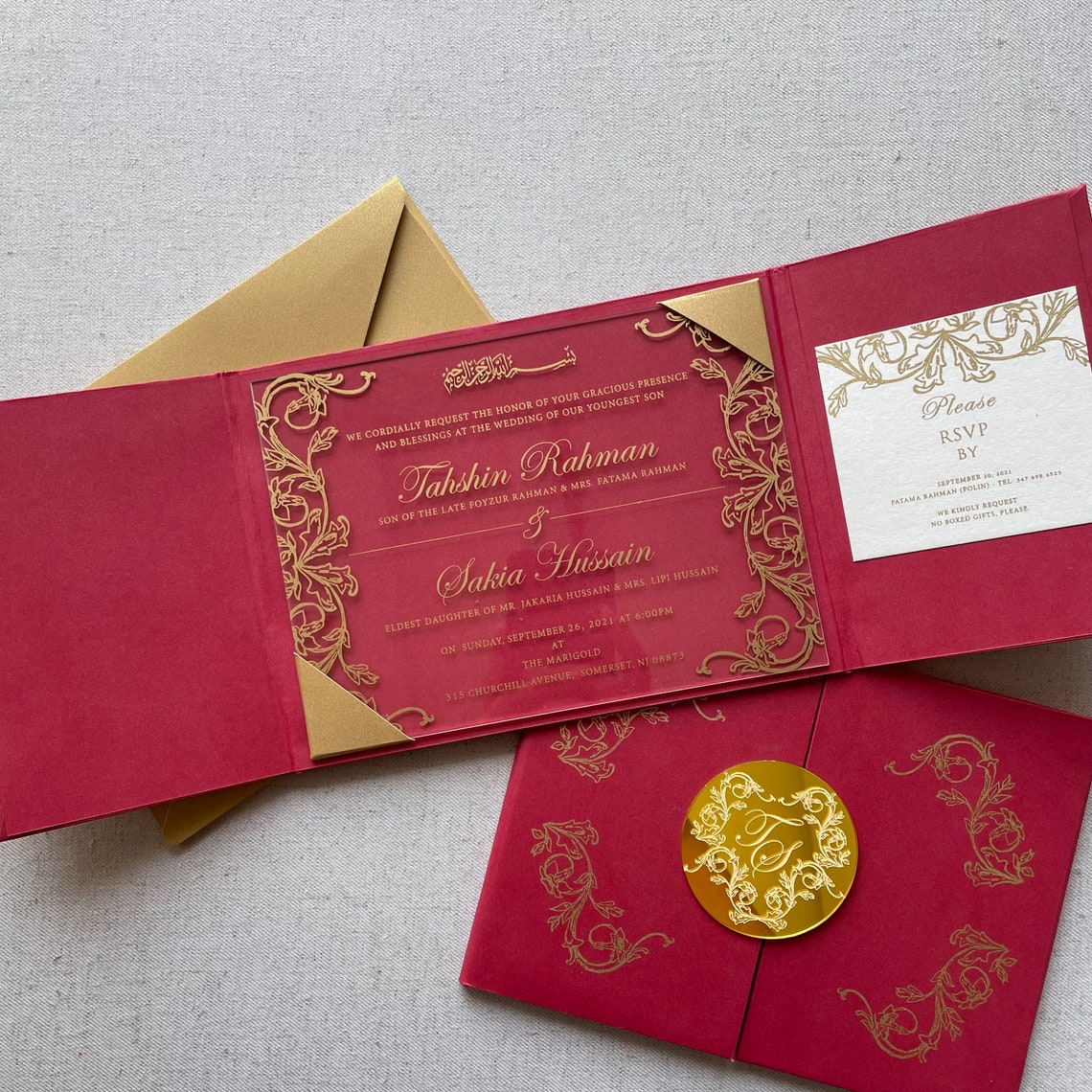 Boxed Invitation Folio Acrylic Invite With Red and Gold Unique - Etsy