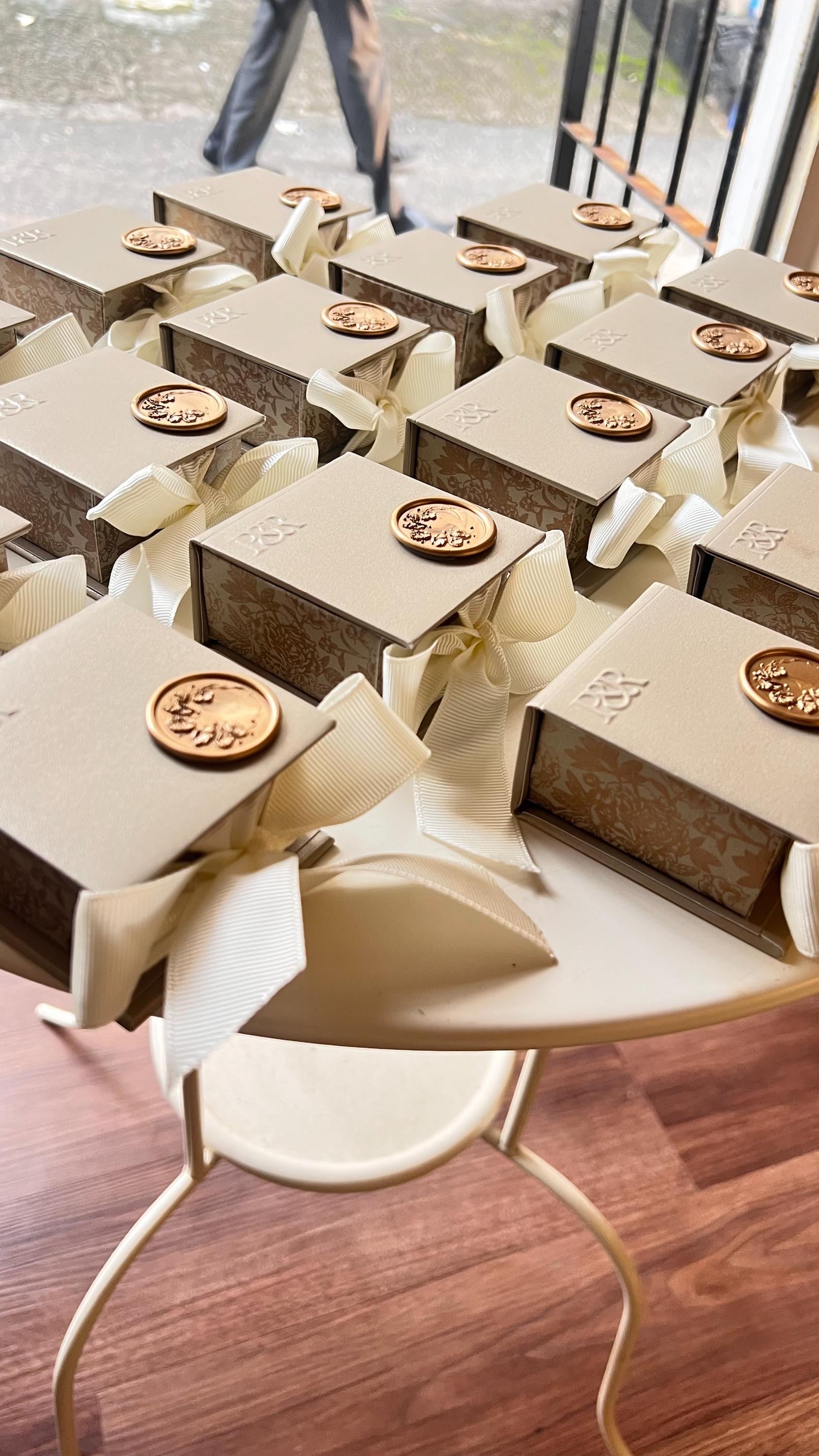 Custom Wedding Favor Box: Personalized Ribbon, Foil Print Gold Greenish ...
