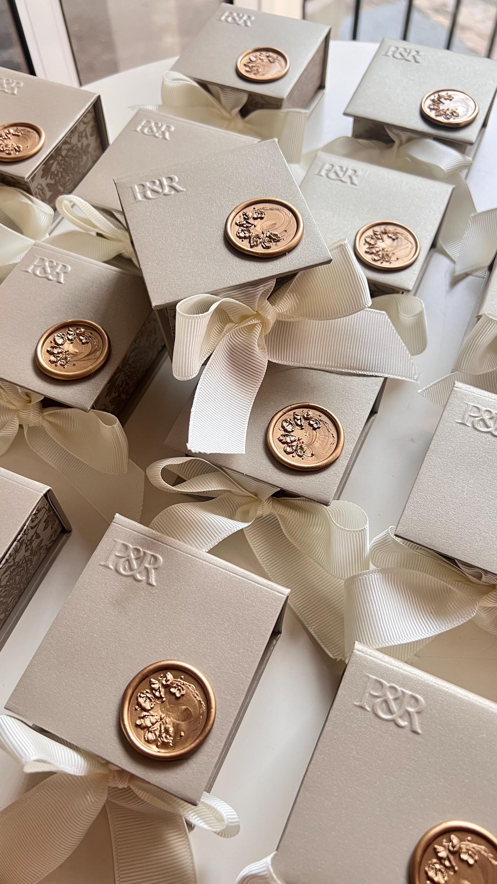 Custom Wedding Favor Box: Personalized Ribbon, Foil Print Gold Greenish ...