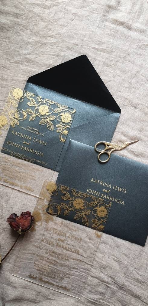 Unique Acrylic Invitation With Gold Print Envelope Floral - Etsy