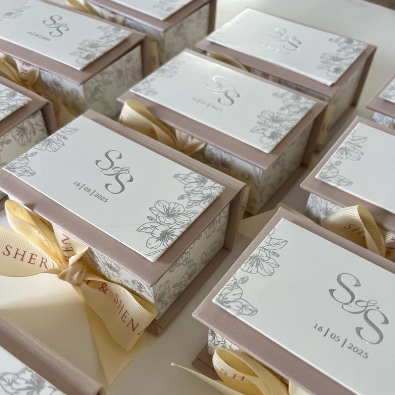 Custom Wedding Favor Box: Personalized Ribbon, Foil Print - Etsy