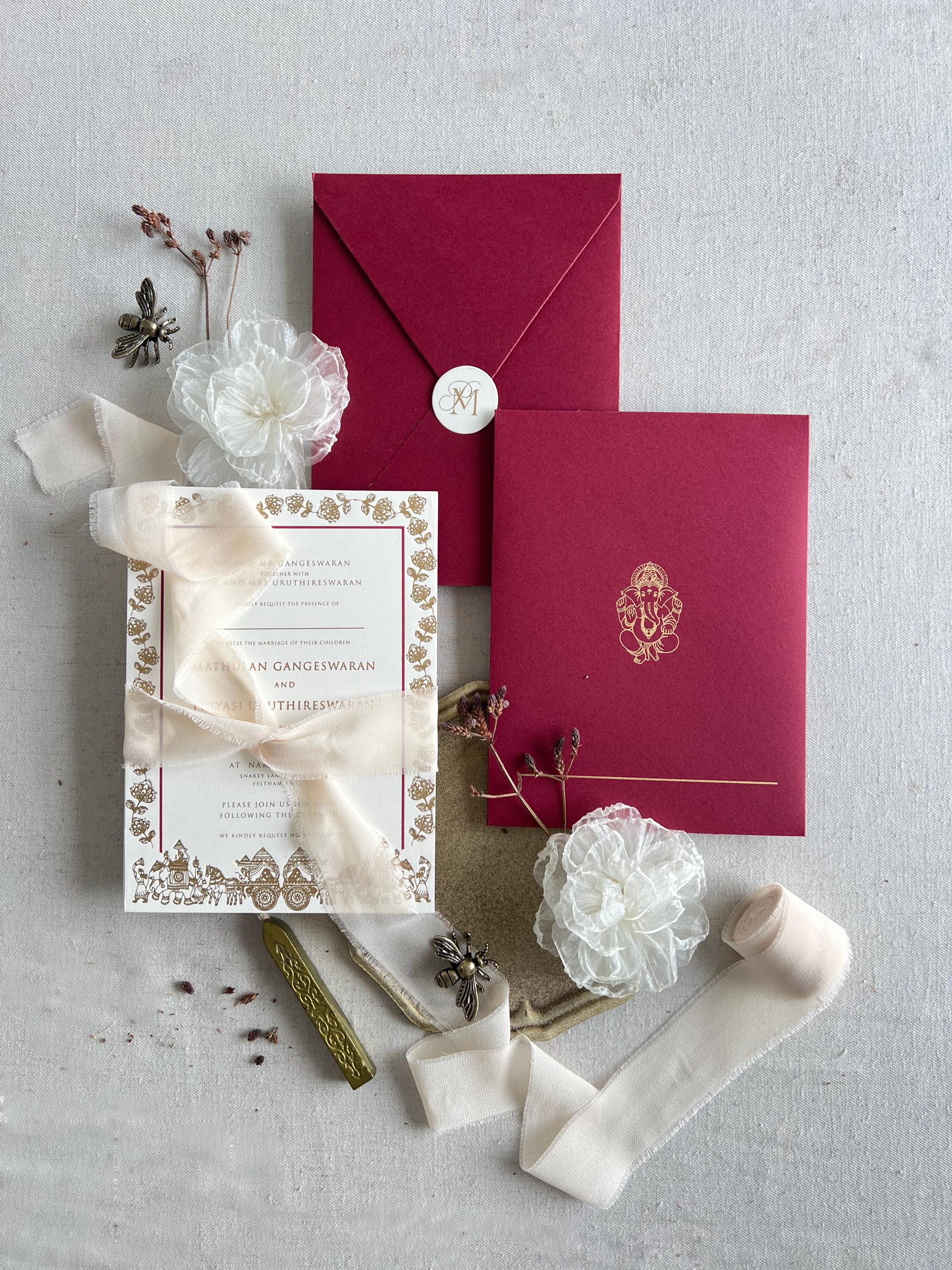 Maroon & Gold Ganesha Wedding Invitation | Luxury Hindu Tamil Wedding ...