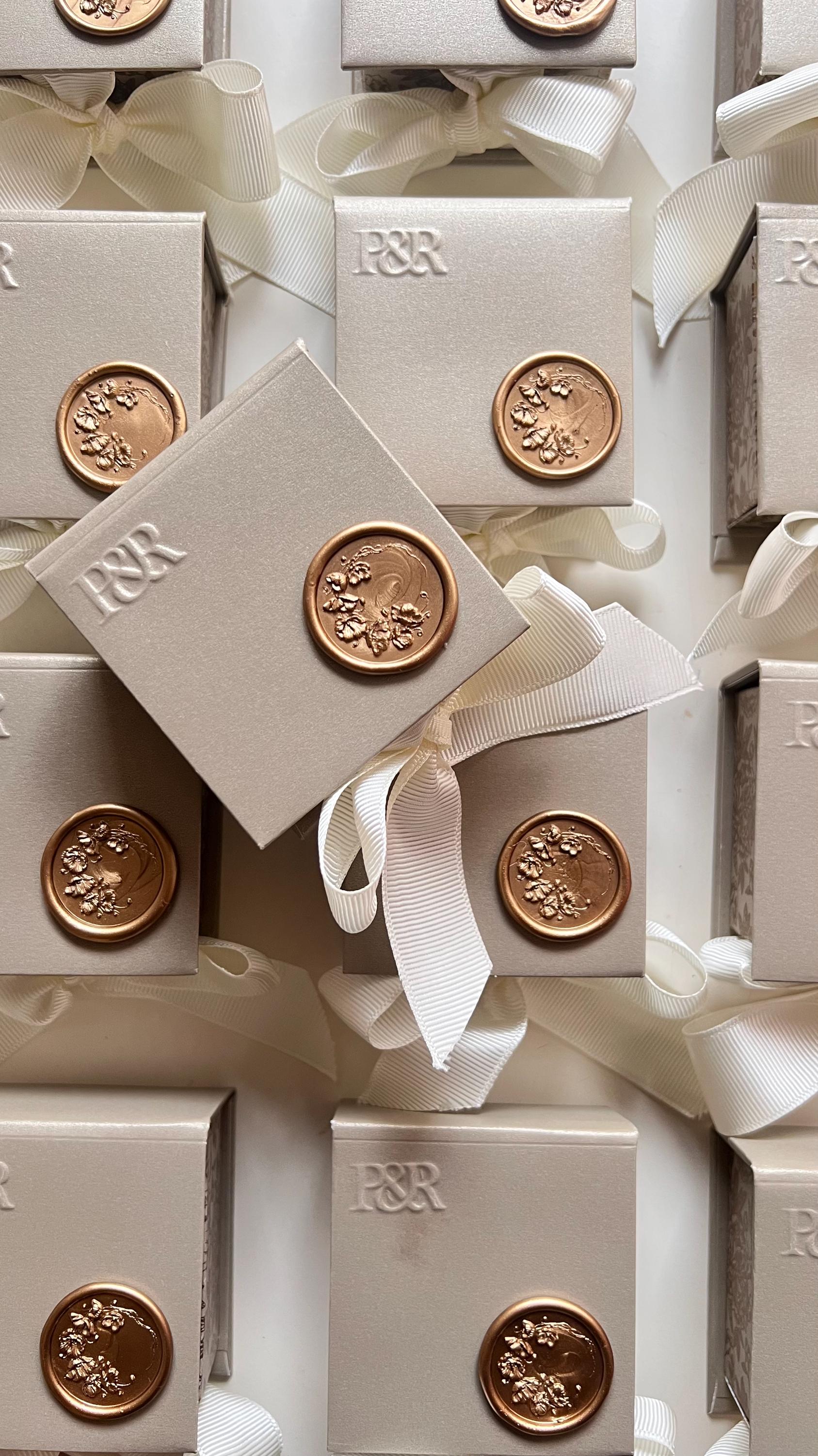 Custom Wedding Favor Box: Personalized Ribbon, Foil Print Gold Greenish ...