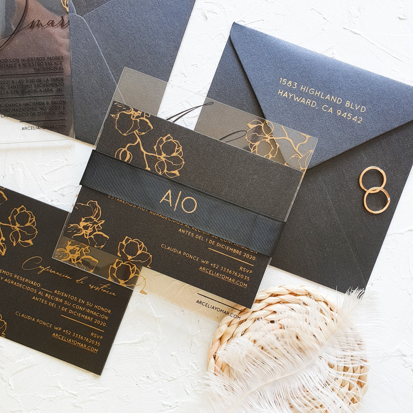 Unique Black Acrylic Invitation With Gold Print Envelope Black Autumn ...