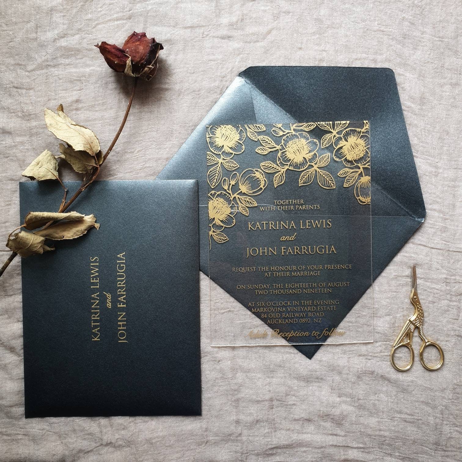 Unique Acrylic Invitation With Gold Print Envelope Floral - Etsy