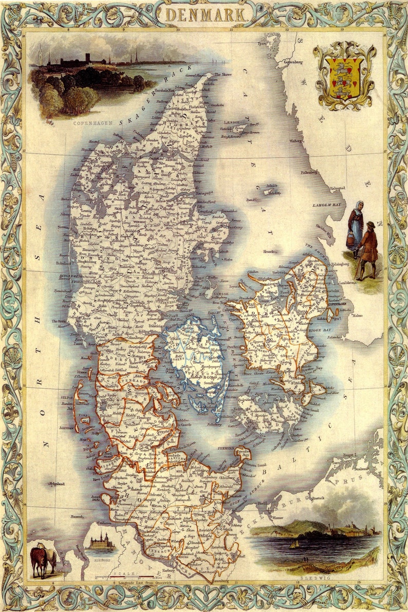 1800's Map Denmark Jutland Peninsula Islands Copenhagen | Etsy