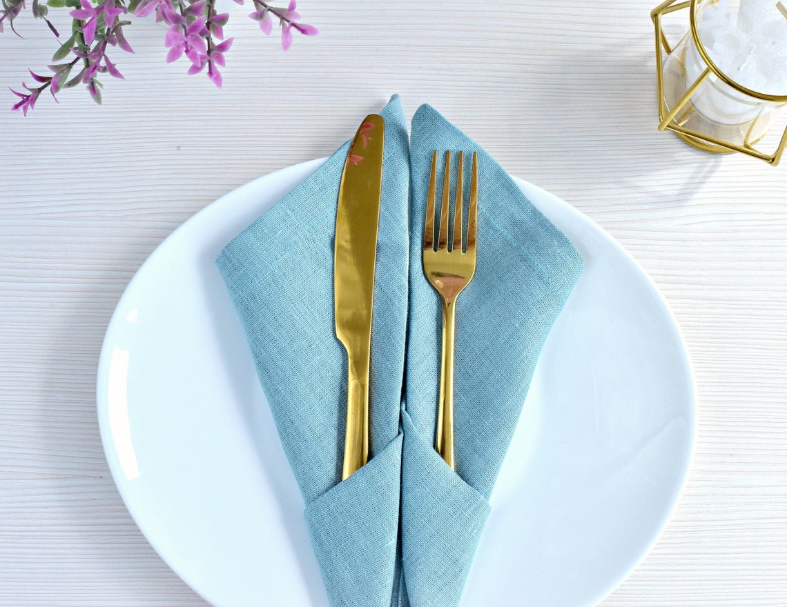Light Turquoise Linen Napkins, Natural Linen Napkin Set, Wedding ...