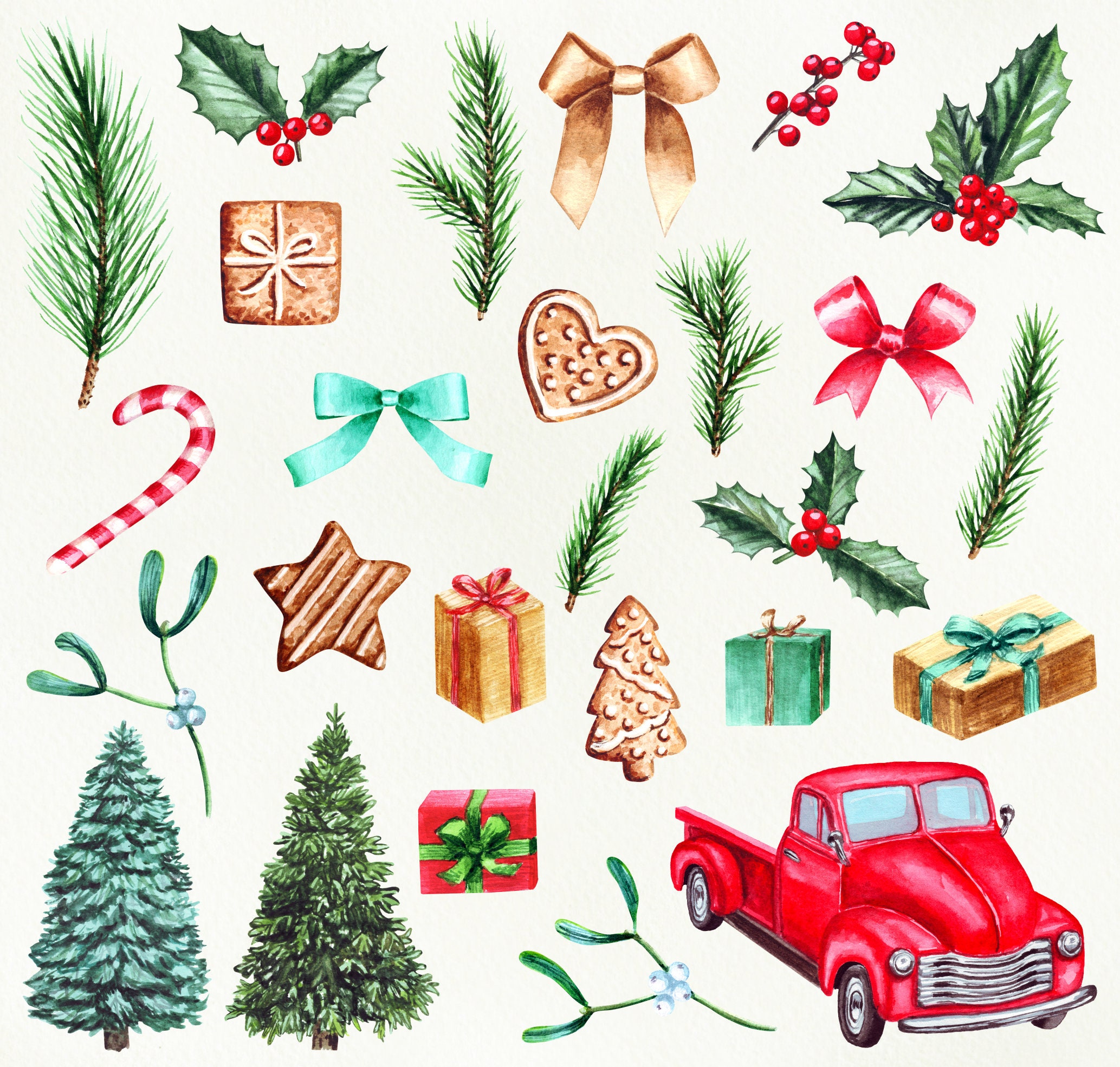 Watercolor digital Christmas clipart with red car bows | Etsy