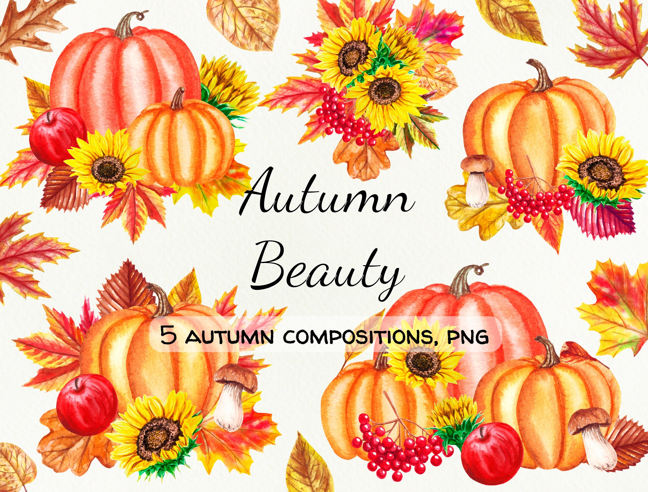 Watercolor Autumn clipart Arrangements with pumpkin leaves | Etsy